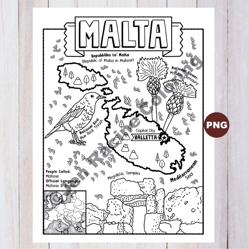 Malta Coloring Page, Geography of Europe, Digital Download Coloring ...
