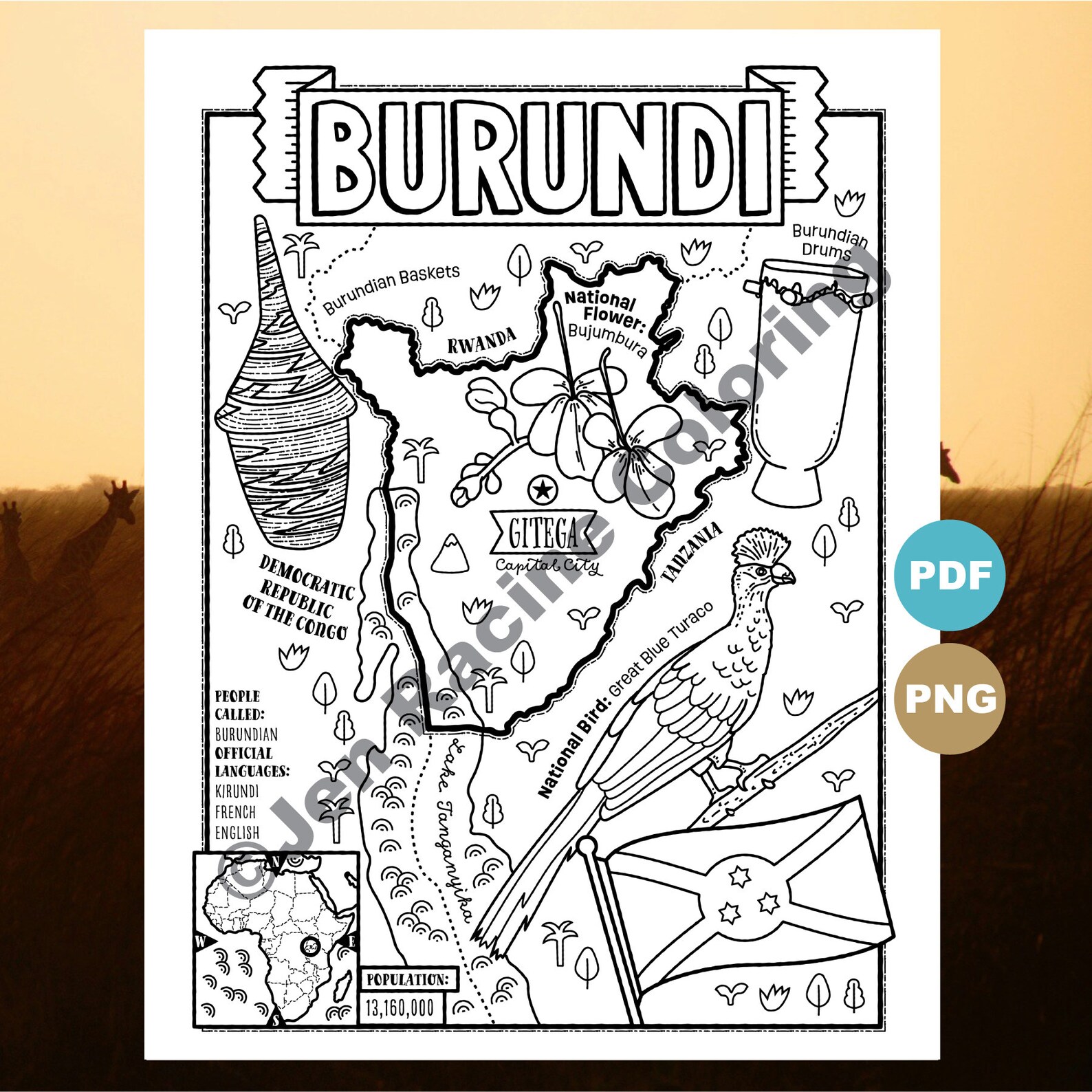 Burundi Map Coloring Page, Africa Geography (digital Download) - Etsy