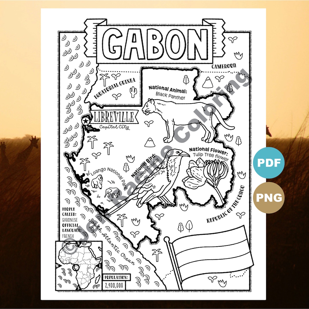 Gabon Coloring Page, Geography of Africa, Digital Download Coloring ...