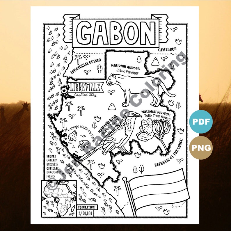 Gabon Map Coloring Page, Africa Geography (digital Download) - Etsy