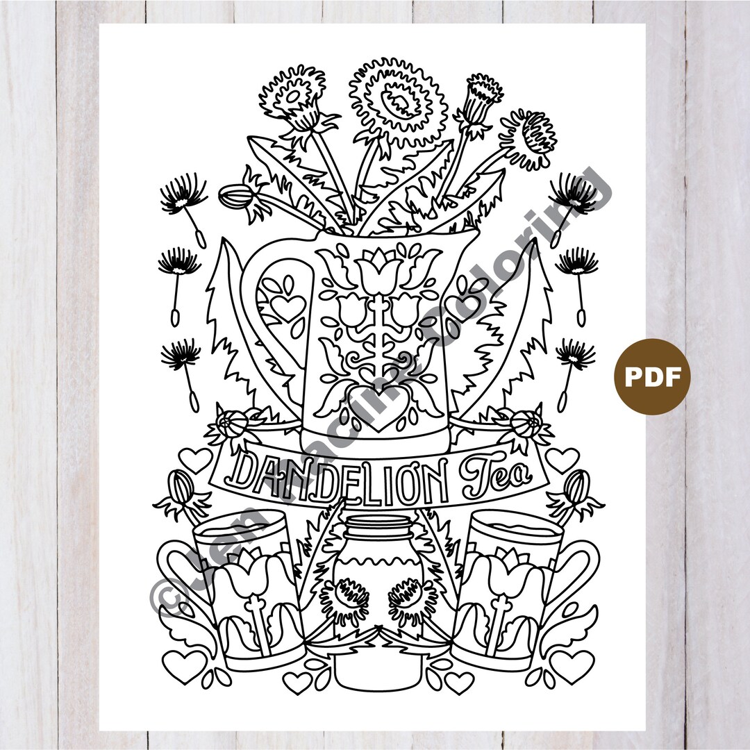 Dandelion Tea Coloring Page, Digital Download - Etsy