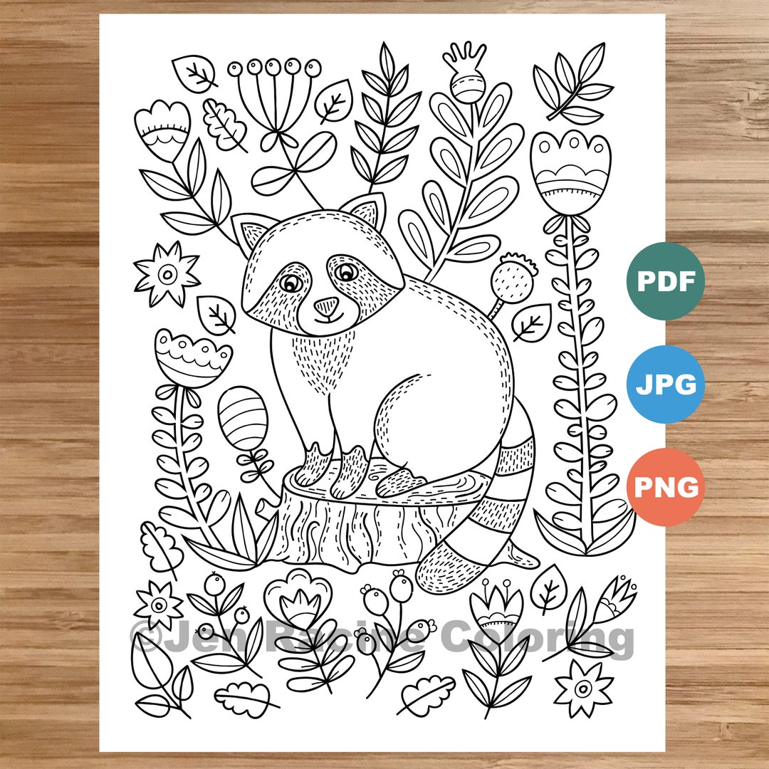 Woodland Wonder Coloring Page, Raccoon, Floral, Scandinavian, Forest ...