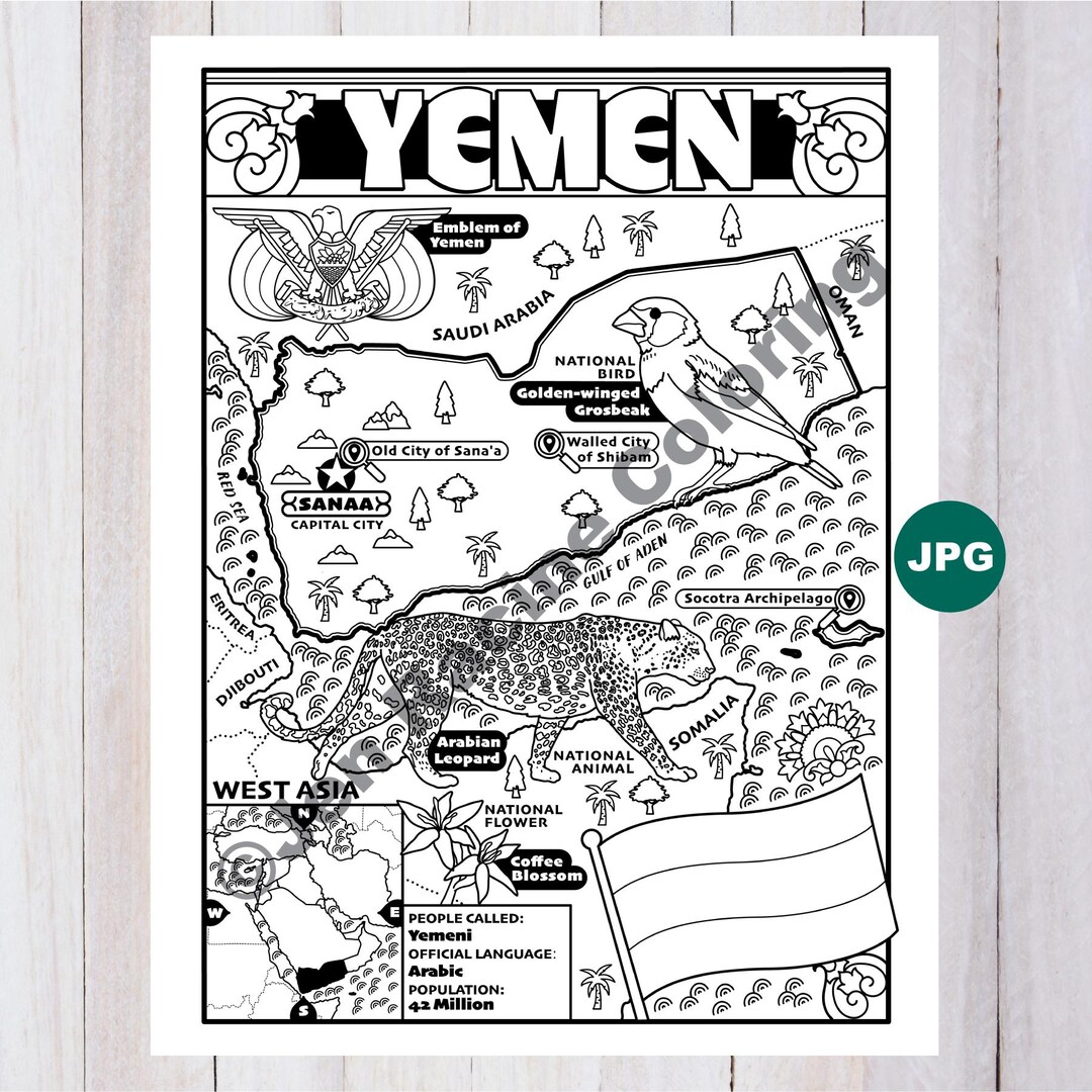 Yemen Coloring Page, Geography of West Asia, Digital Download Coloring ...
