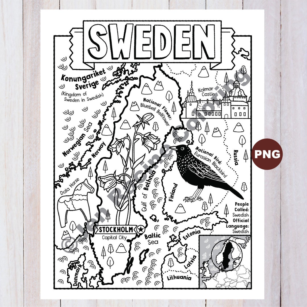 Sweden Coloring Page, Geography of Europe, Digital Download Coloring ...