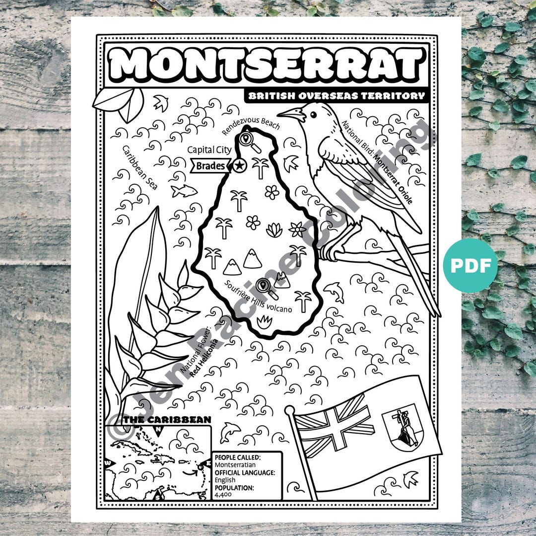 Montserrat Map Coloring Page, Caribbean Geography (digital Download) - Etsy
