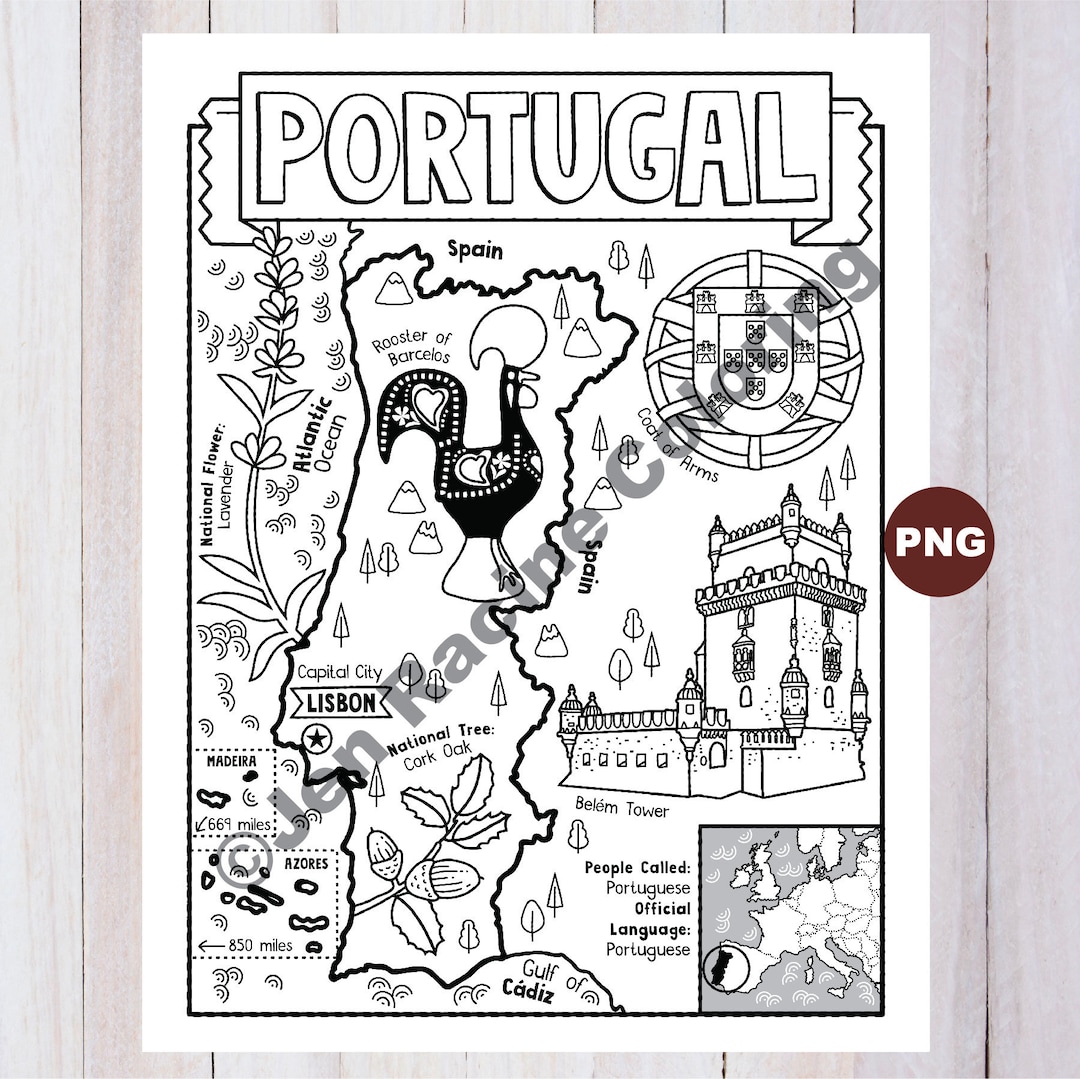 Portugal Coloring Page, Geography of Europe, Digital Download Coloring ...