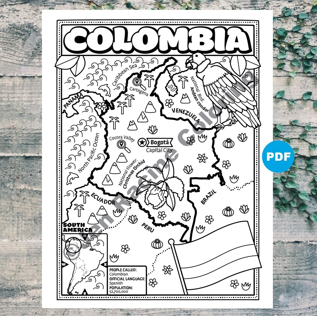 Colombia Map Coloring Page, South America Geography (digital Download ...