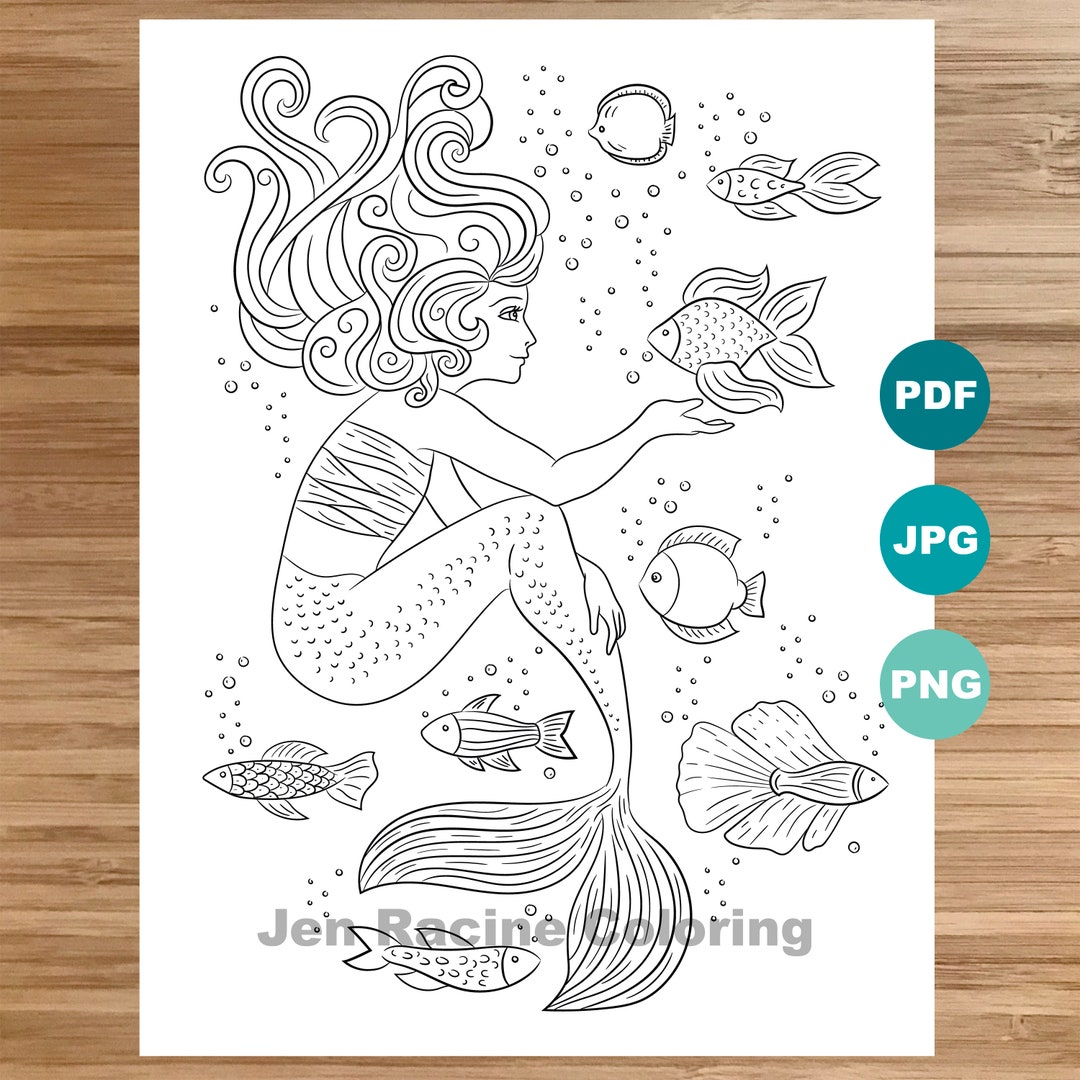 Mermaid and Fishy Friends Coloring Page, Mermaid Art, Coloring Book ...