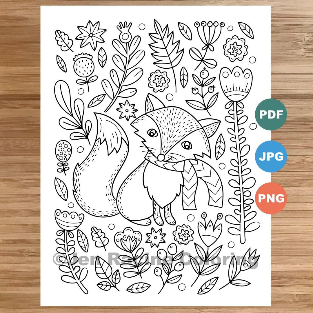 Woodland Wonder Coloring Page, Fox, Floral, Scandinavian, Forest, Cozy ...