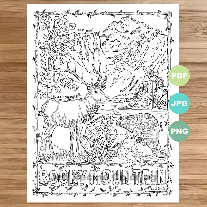 Rocky Mountain National Park Coloring Page, Animal Landscape (PDF, JPG ...