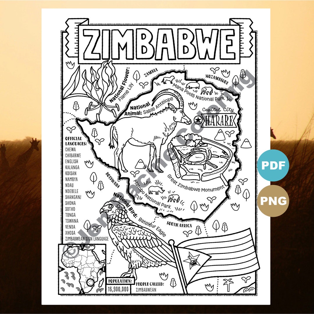 Zimbabwe Coloring Page, Geography of Africa, Digital Download Coloring ...