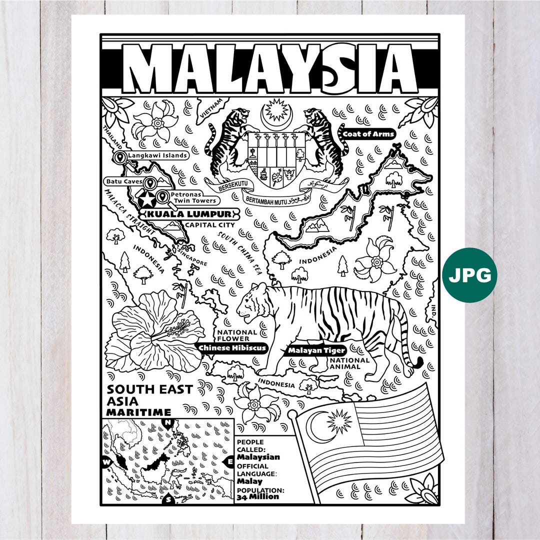 Malaysia Coloring Page, Geography of Southeast Asia, Digital Download ...