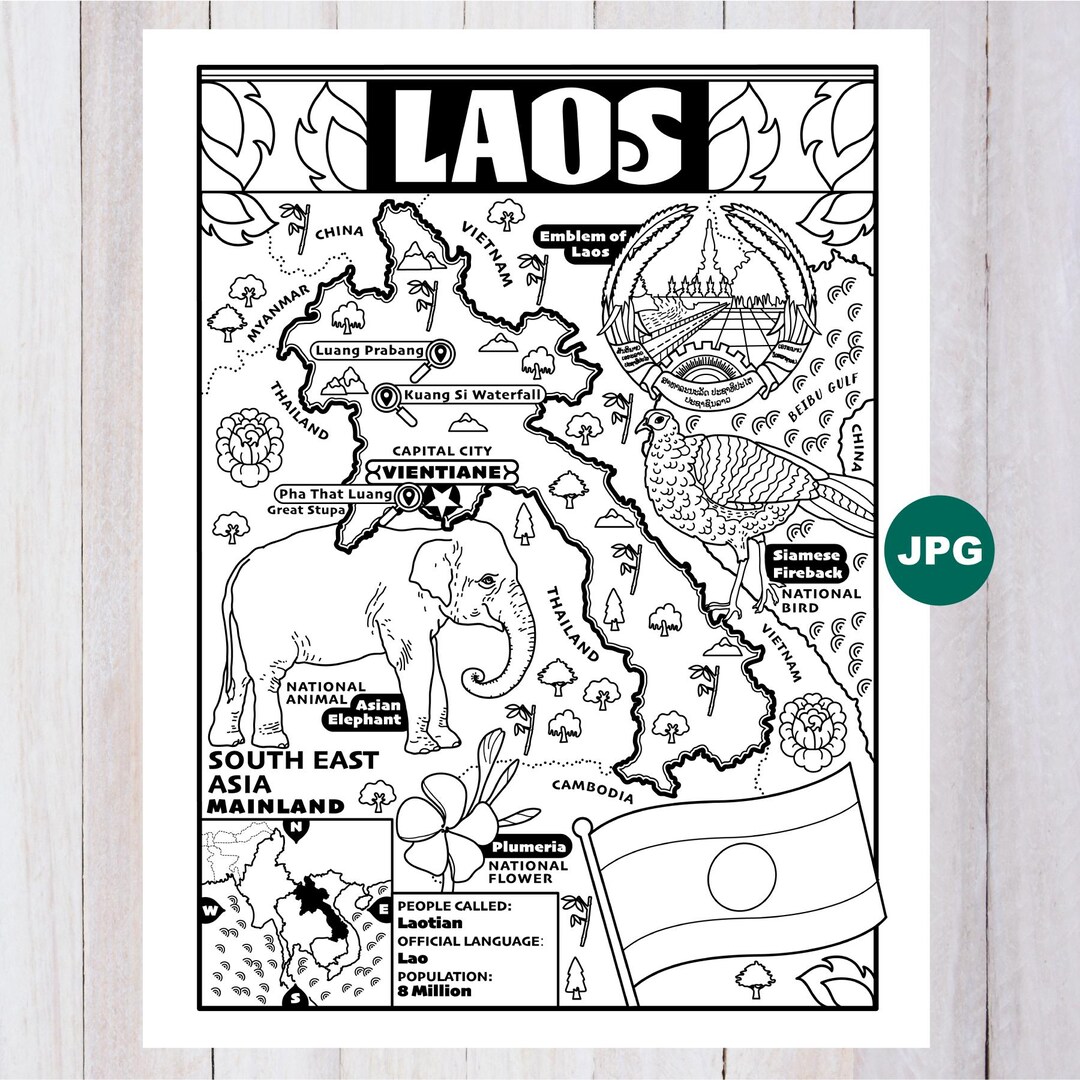 Laos Map Coloring Page, Southeast Asia Geography (digital Download) - Etsy