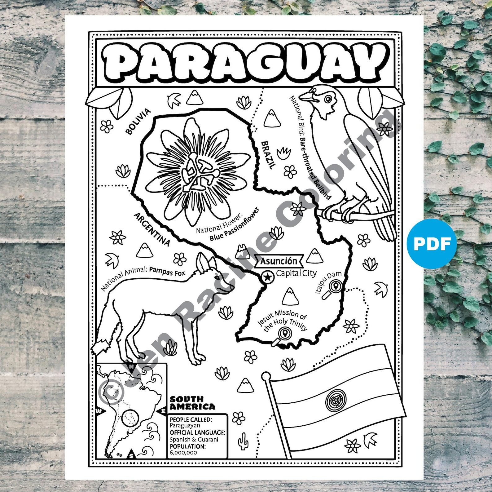 Paraguay Map Coloring Page, South America Geography (digital Download ...