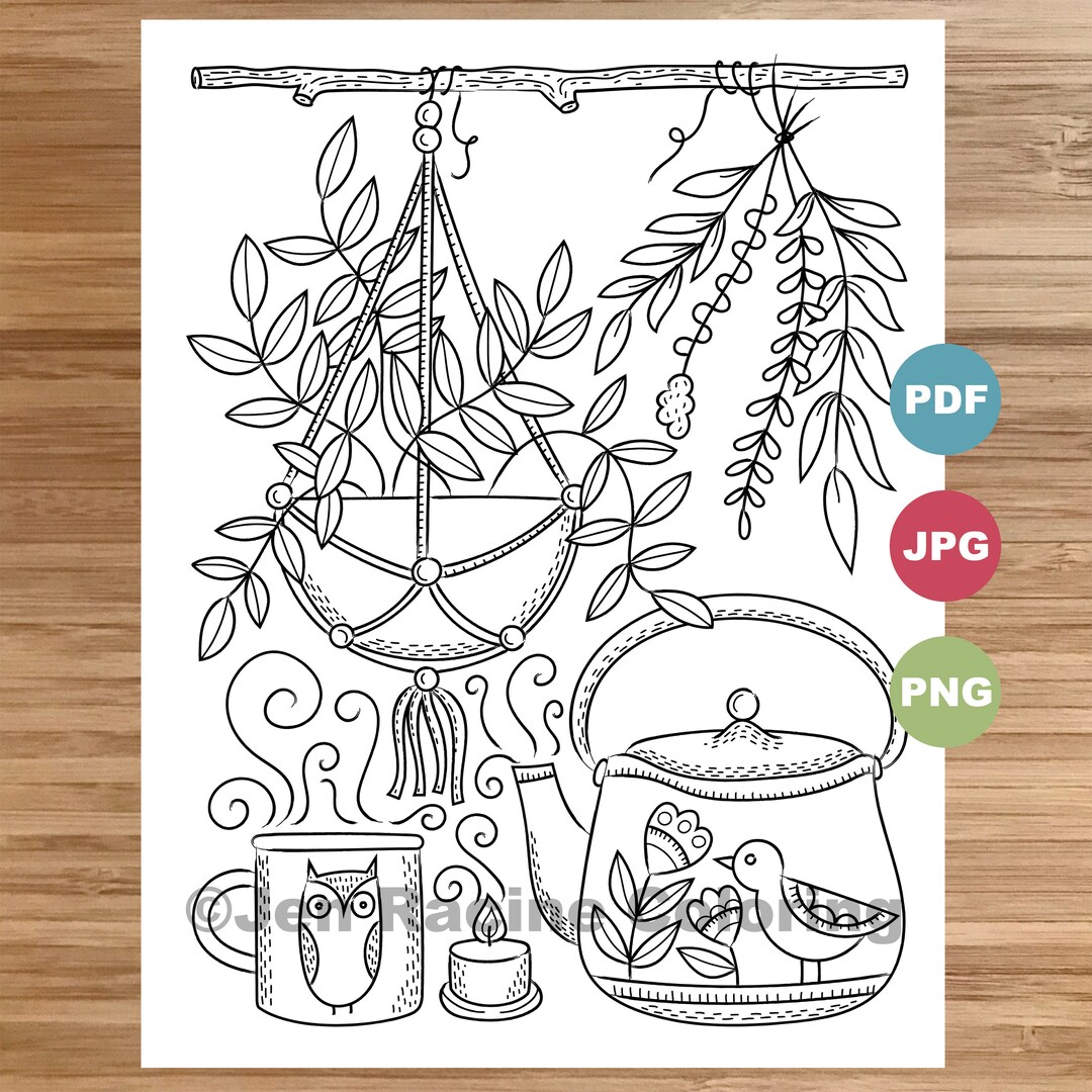 Hanging Plant and Teapot Coloring Page, Hygge, Floral, Scandinavian ...