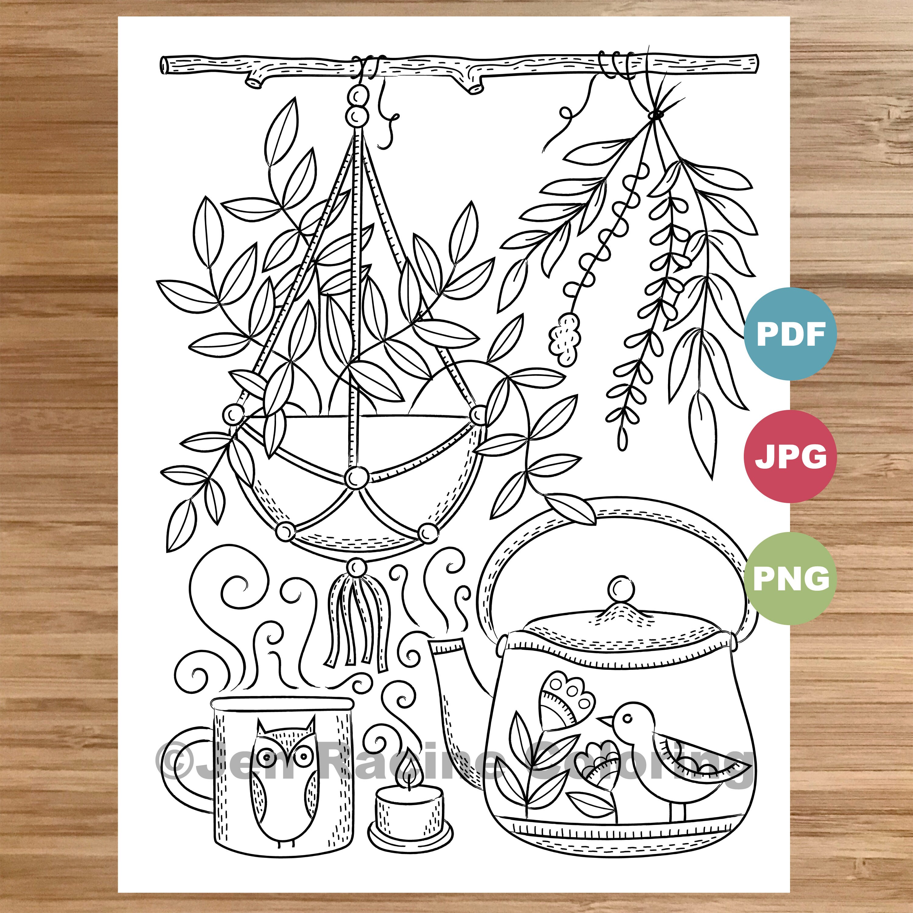 Hanging Plant and Teapot Coloring Page Hygge Floral | Etsy