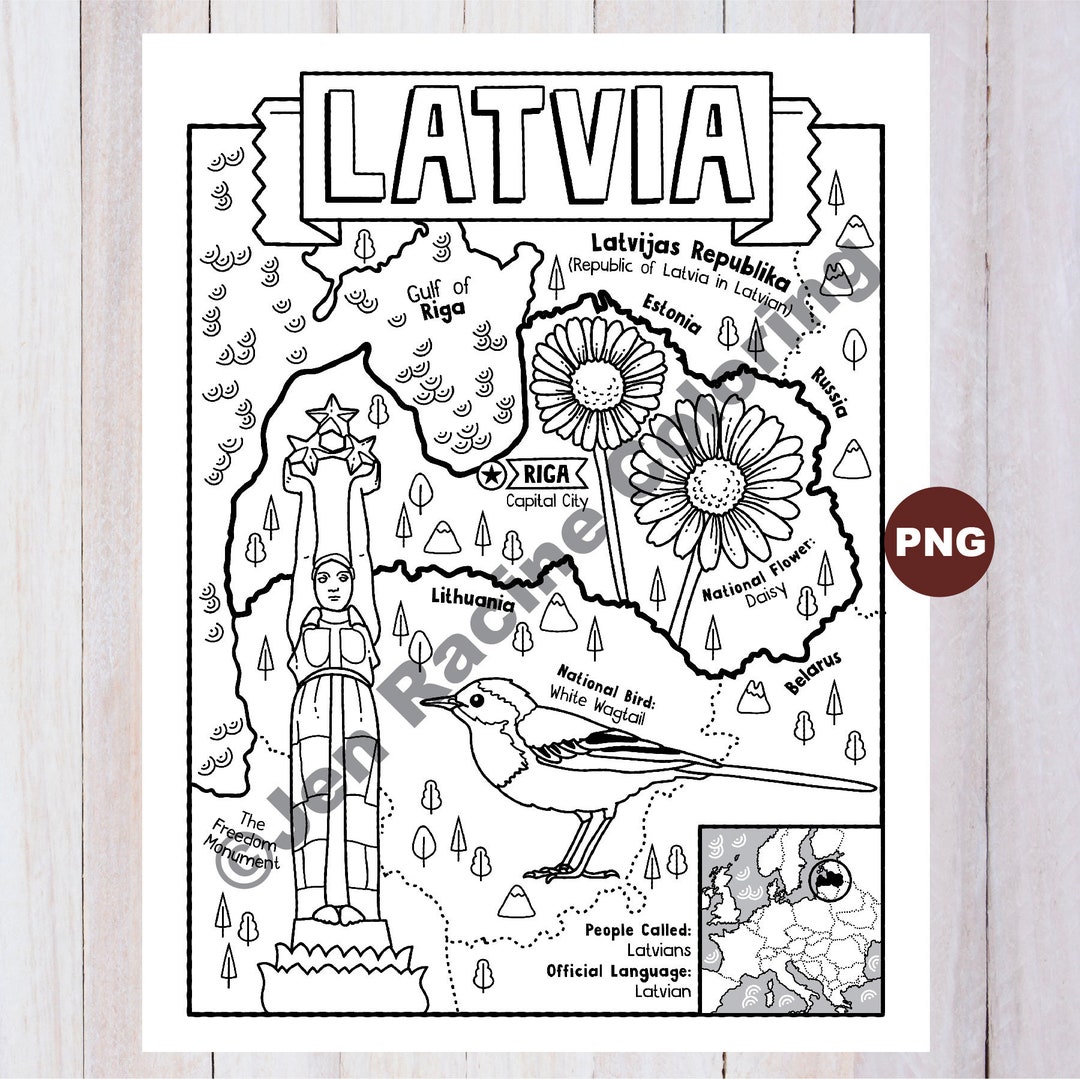 Latvia Coloring Page, Geography of Europe, Digital Download Coloring ...