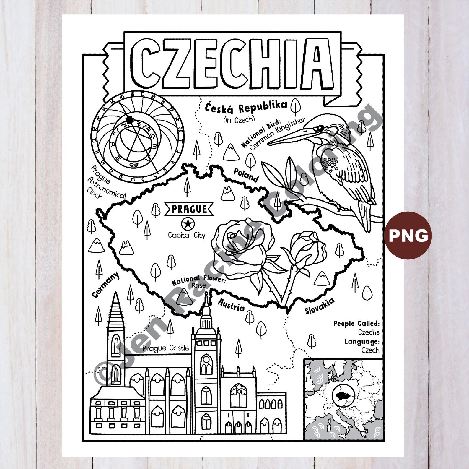 Czechia Map Coloring Page, Europe Geography (digital Download) - Etsy