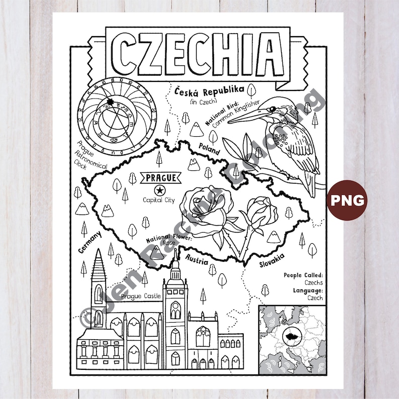 Czechia Map Coloring Page, Europe Geography (digital Download) - Etsy