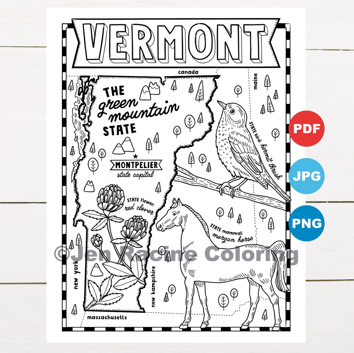 Vermont Coloring Page United States State Map Wildlife - Etsy
