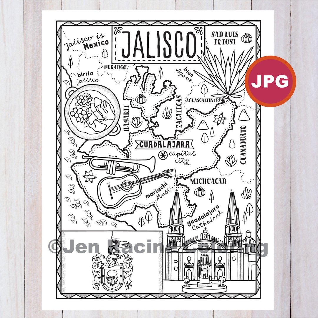 Mapa de Jalisco, México: página para colorear, bandera y lugares ...