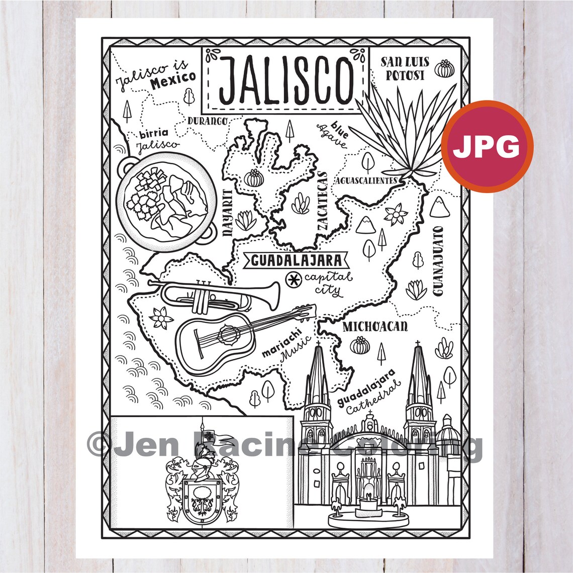 Jalisco Mexico Map Coloring Page, Flag, Landmarks (JPG Download) - Etsy