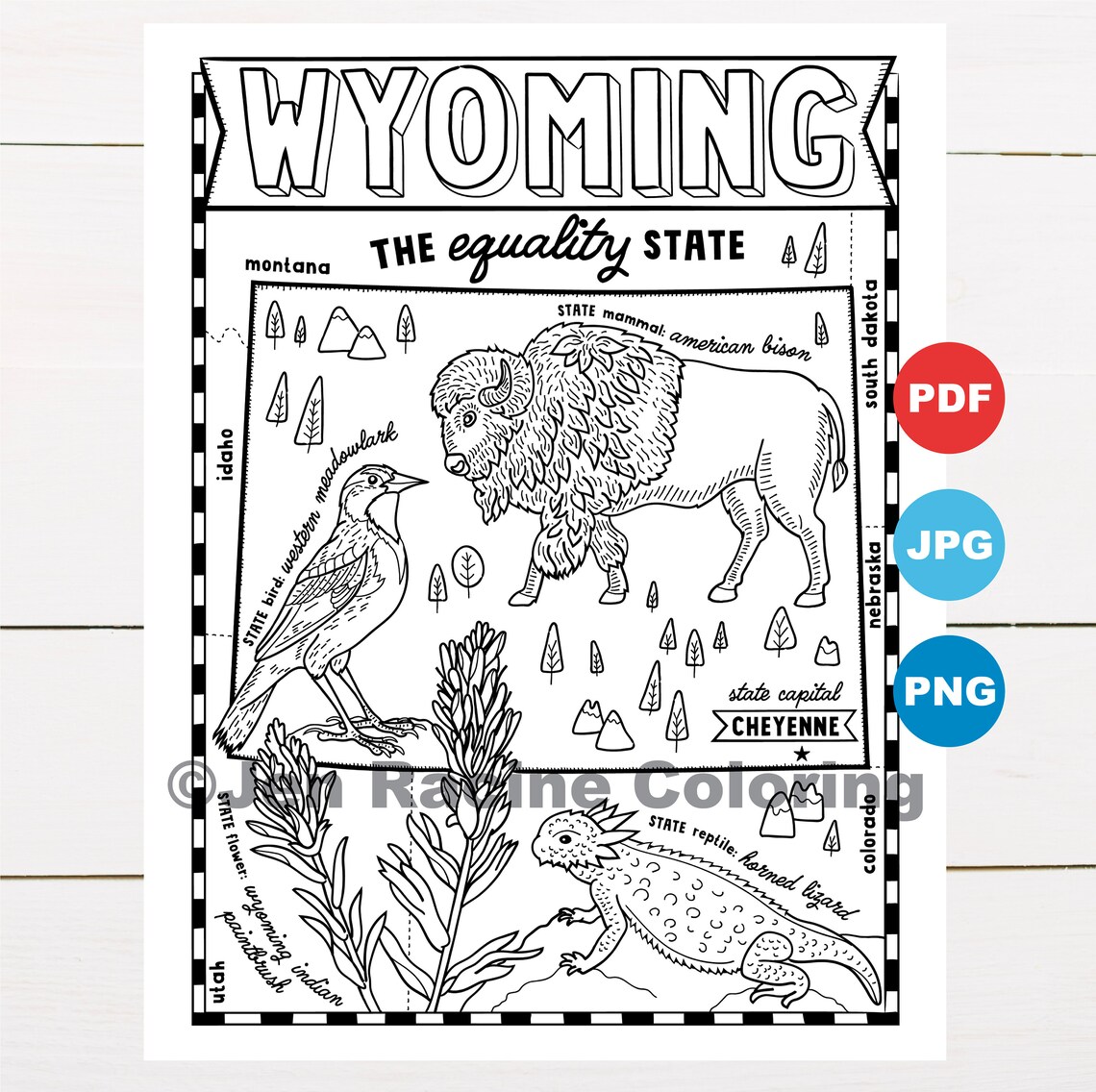 Wyoming Coloring Page United States State Map Wildlife - Etsy