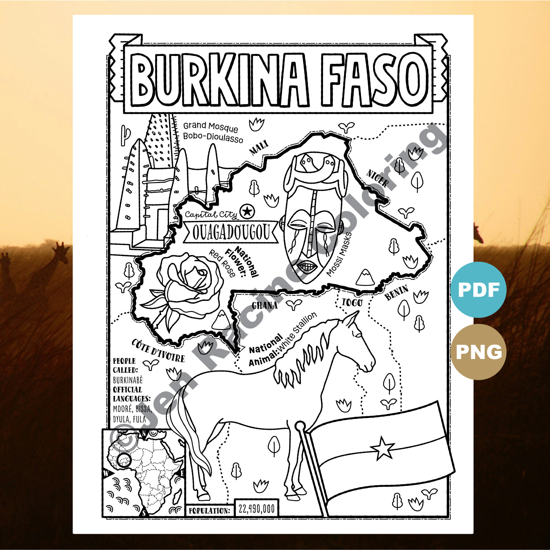 Burkina Faso Coloring Page, Geography of Africa, Digital Download ...