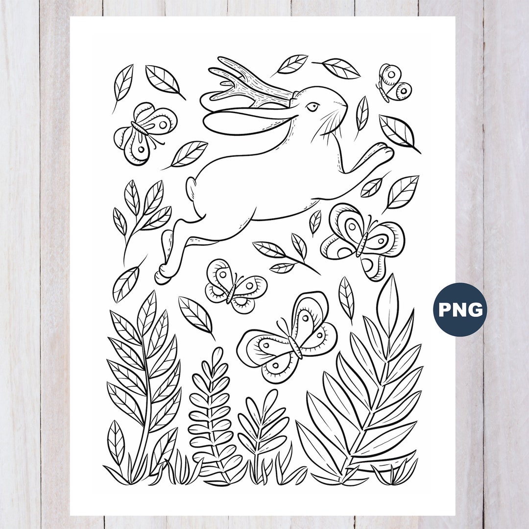 Leaping Jackalope Coloring Page, Whimsical Animal Art (printable ...