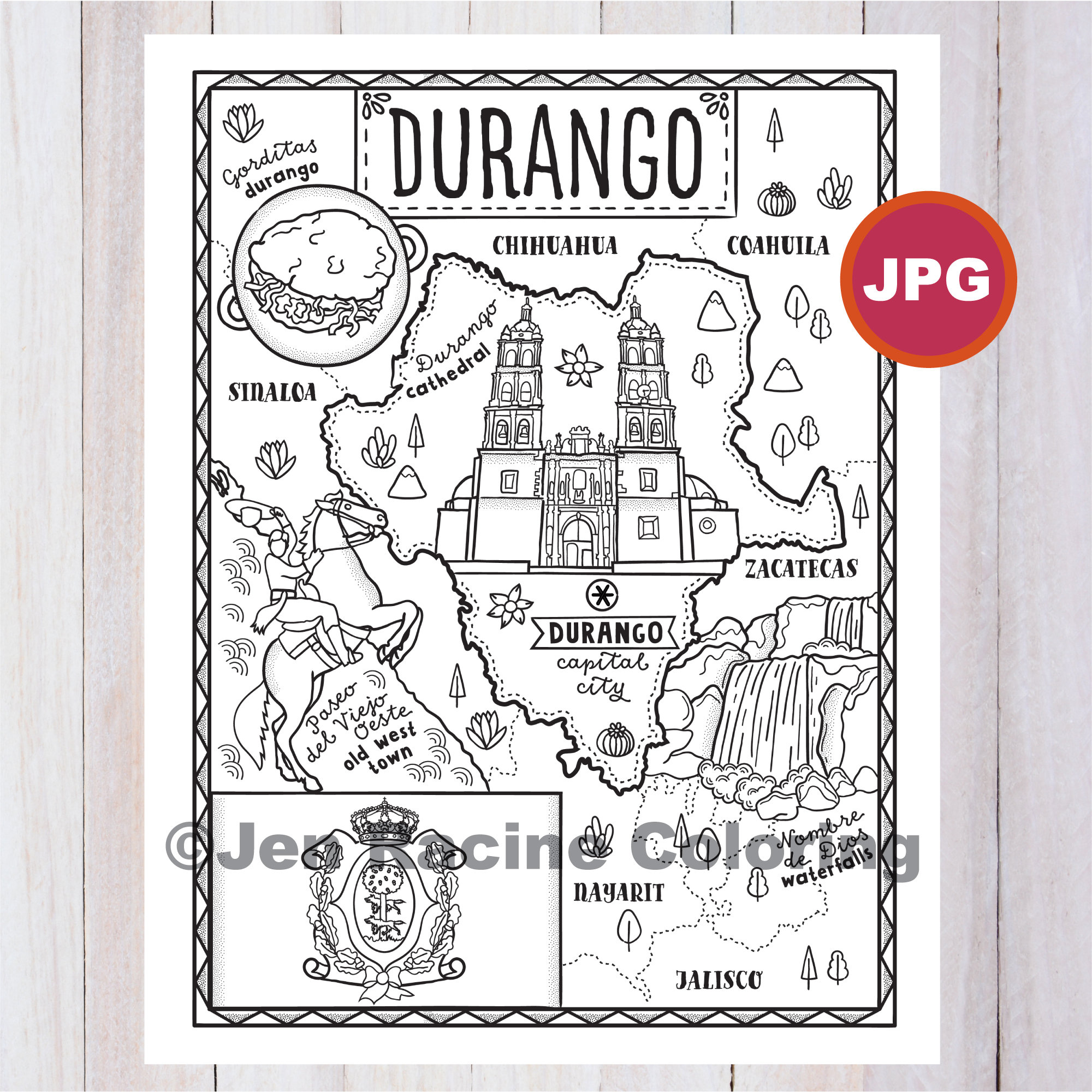 Mapa de Durango, México para colorear, monumentos y comida (descarga ...