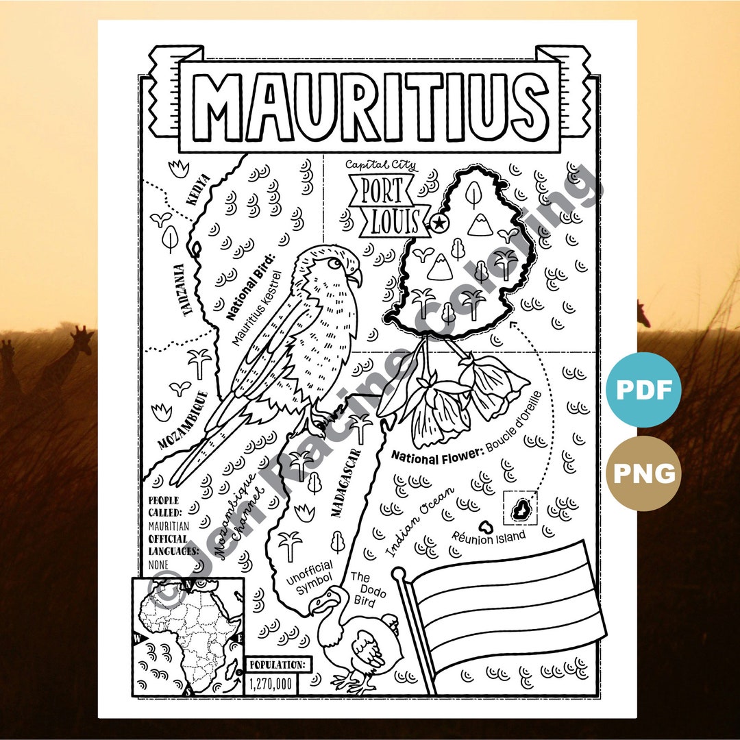 Mauritius Coloring Page, Geography of Africa, Digital Download Coloring ...
