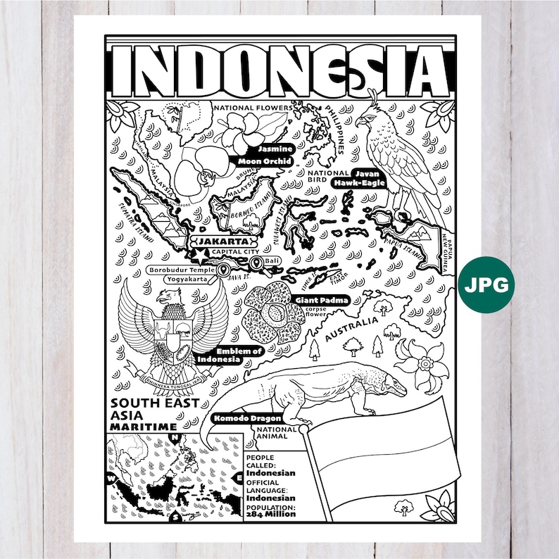 Indonesia Coloring Page, Geography of Southeast Asia, Digital Download ...