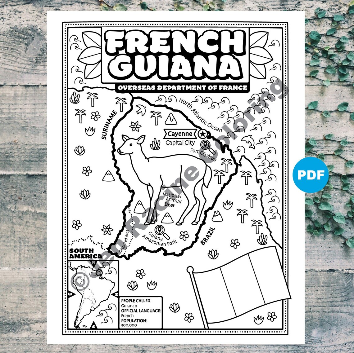 French Guiana Coloring Page, Geography of South America, Digital ...
