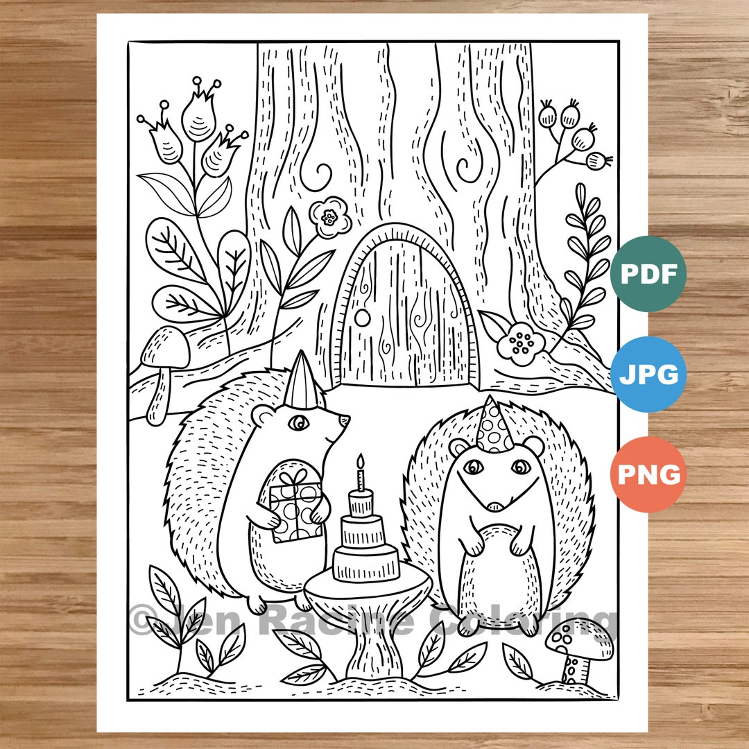 Woodland Wonder Coloring Page, Hedgehogs, Party, Floral, Scandinavian ...