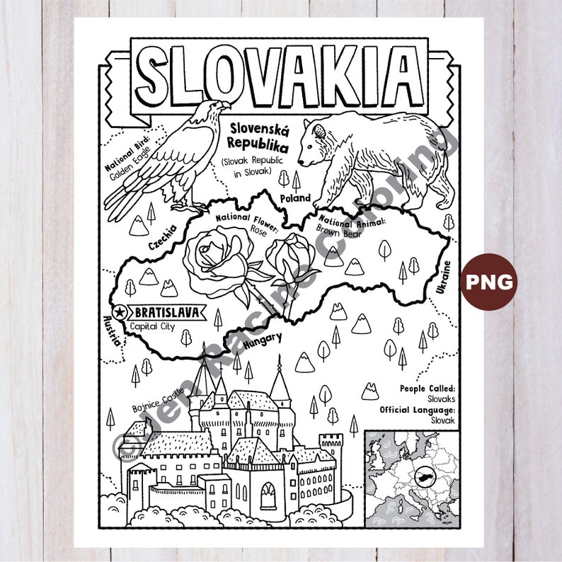 Slovakia Coloring Page, Geography of Europe, Digital Download Coloring ...