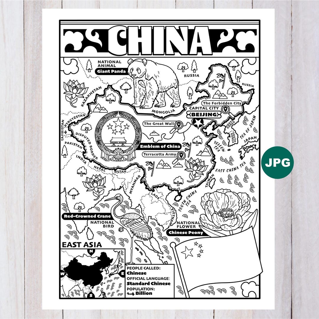 China Map Coloring Page, East Asia Geography (digital Download) - Etsy