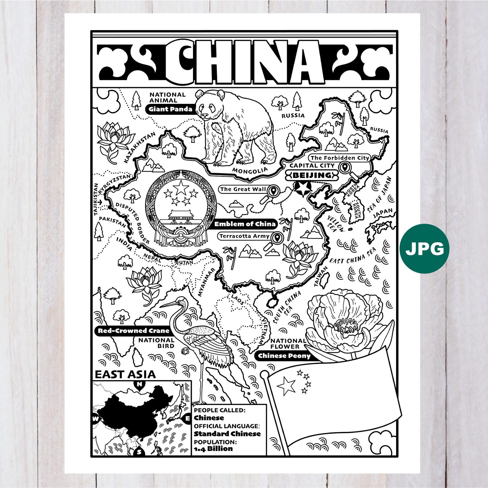 China Map Coloring Page, East Asia Geography (digital Download) - Etsy