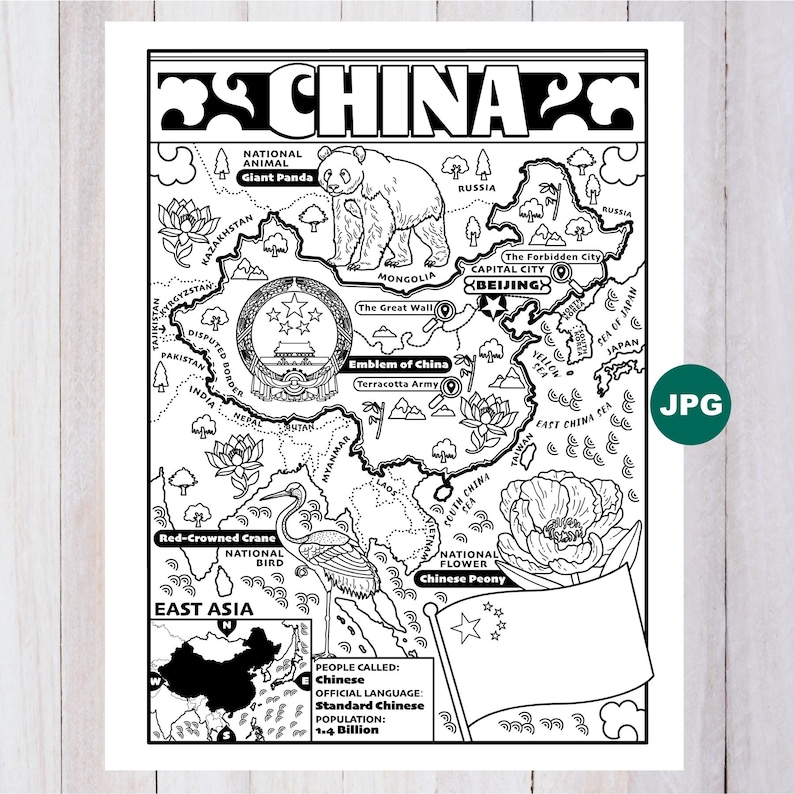 China Map Coloring Page, East Asia Geography (digital Download) - Etsy