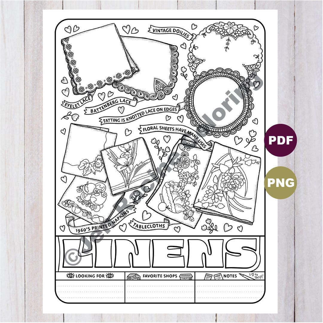Thrifted Linens Coloring Page, Vintage Doilies, Napkins (digital ...