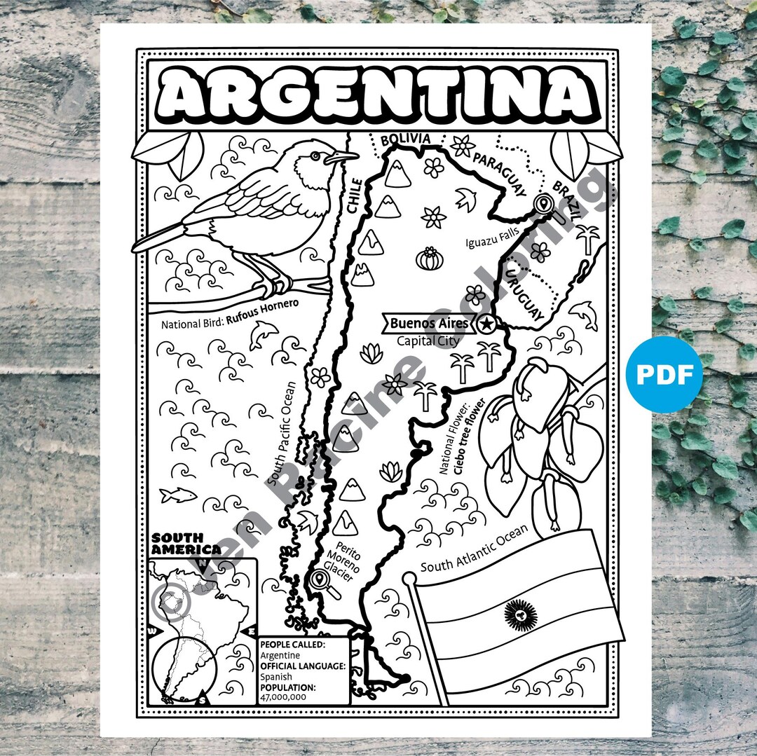 Argentina Coloring Page, Geography of South America, Digital Download ...