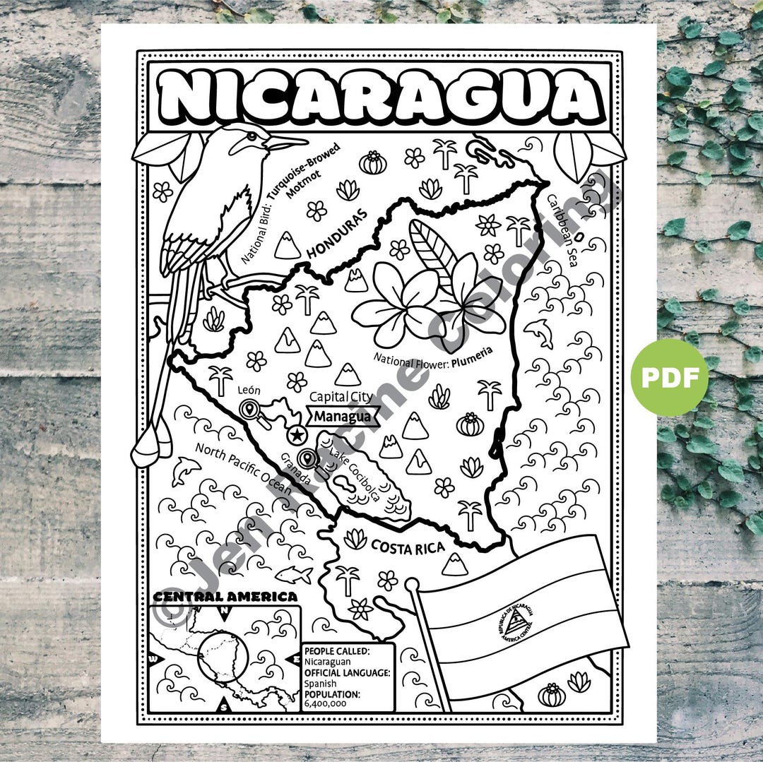 Nicaragua Map Coloring Page, Central America Geography (digital ...