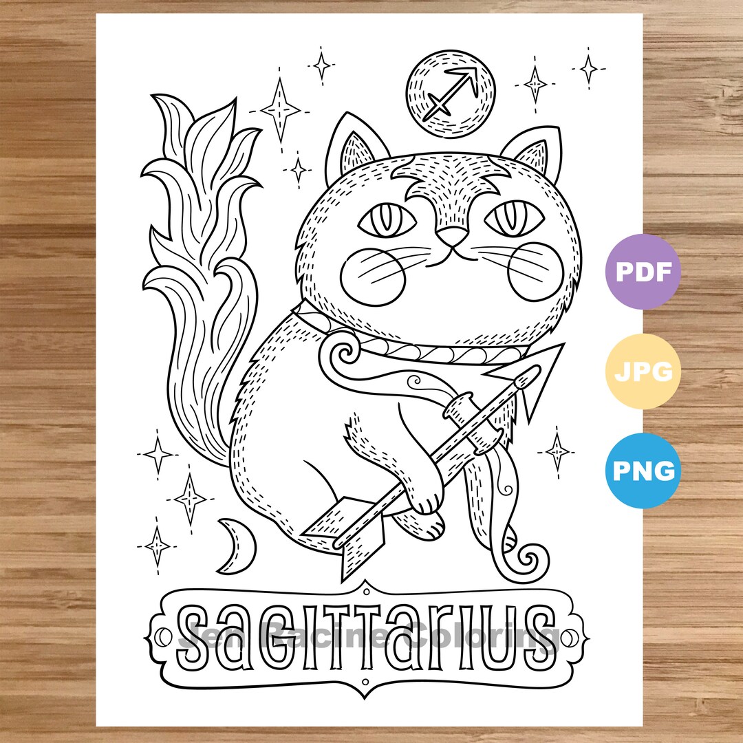 Sagittarius Cat Coloring Page, Zodiac, Cat Art, Astrology, Coloring ...