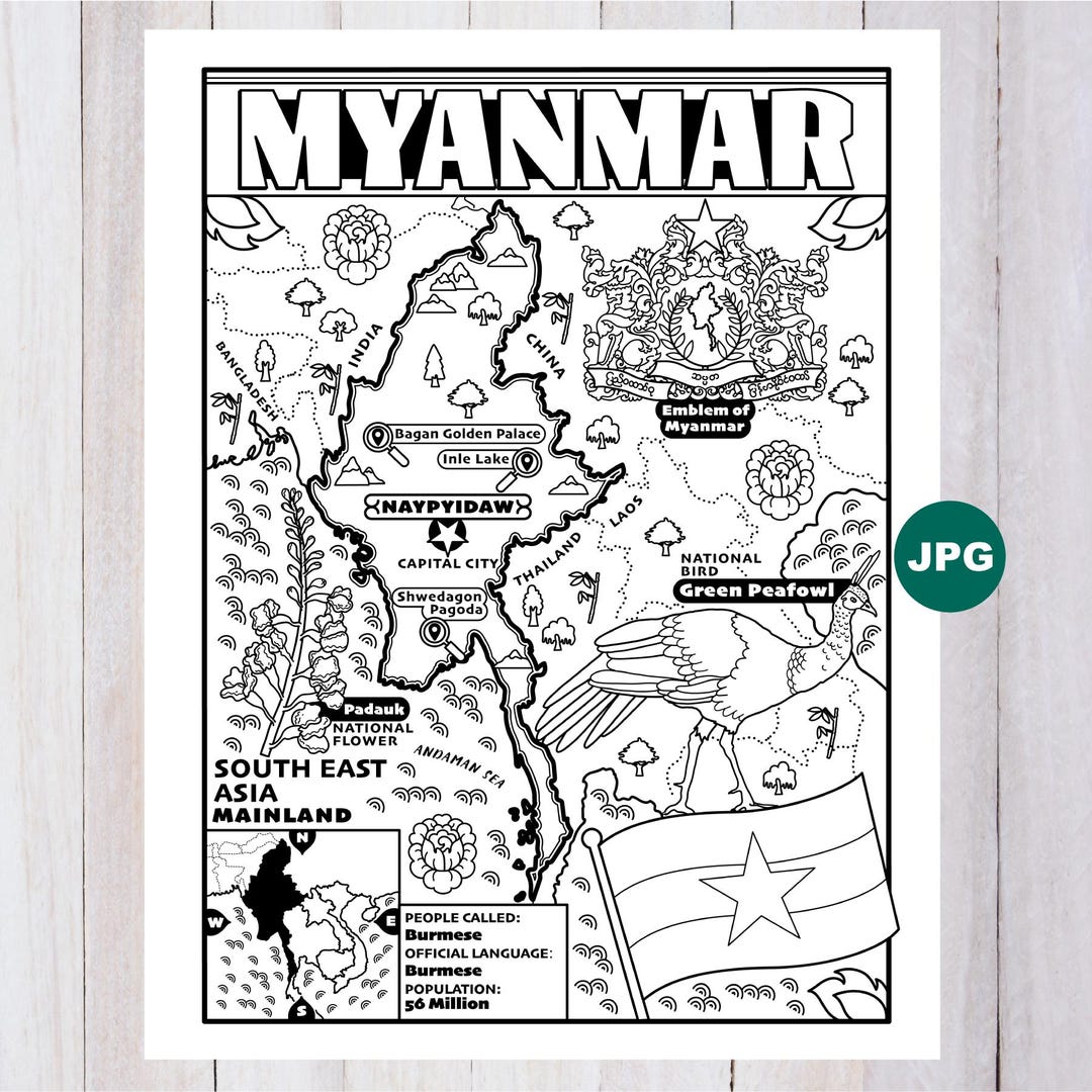 Myanmar Map Coloring Page, South Asia Geography (digital Download) - Etsy