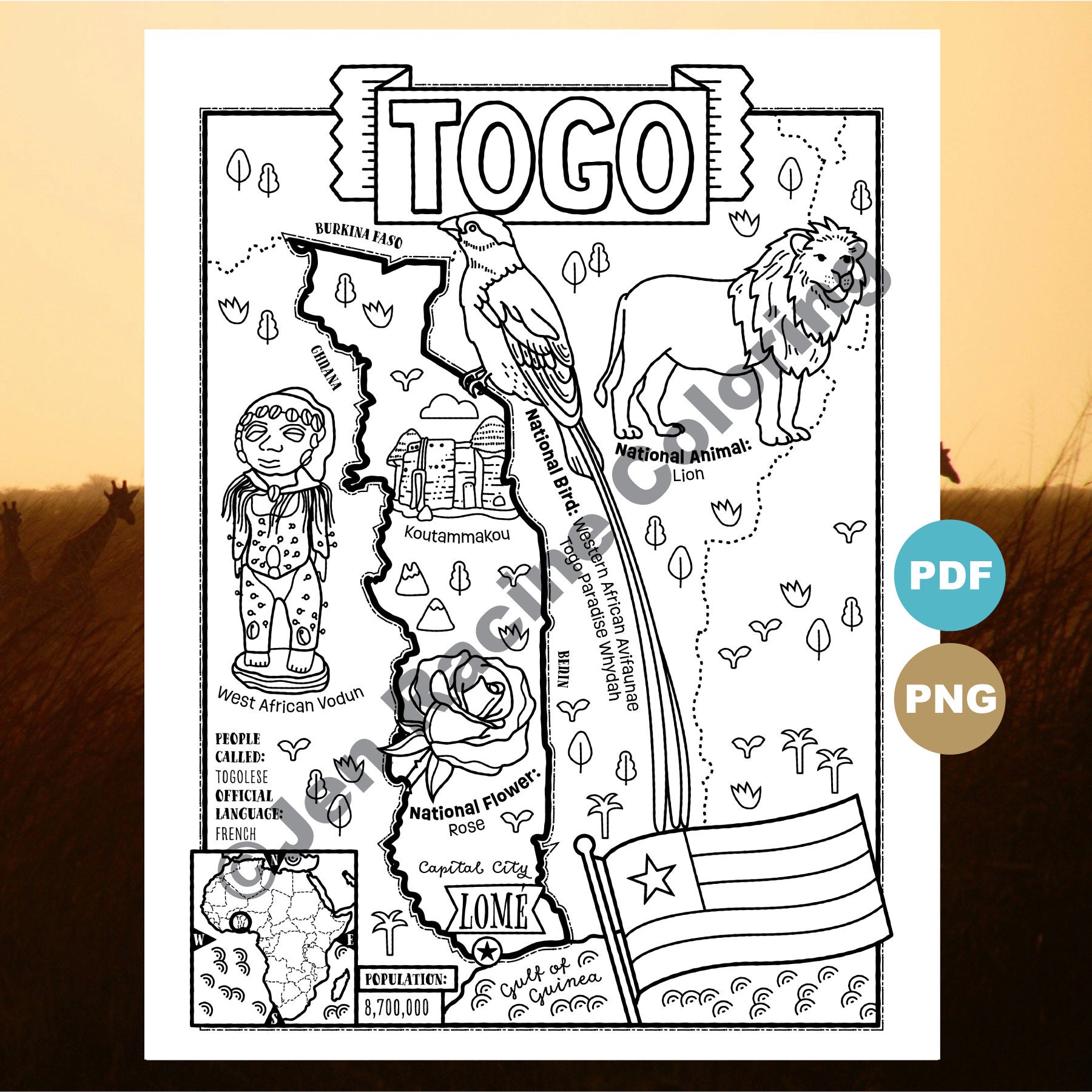 Togo Coloring Page, Geography of Africa, Digital Download Coloring Page ...