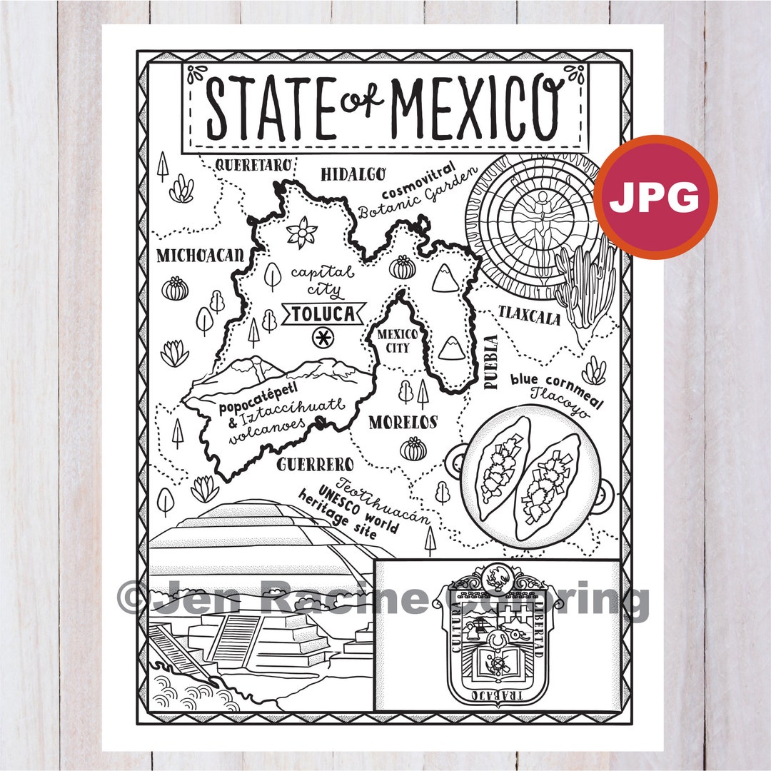 Mexico State Map Coloring Page, Landmarks & Food (JPG Download) - Etsy