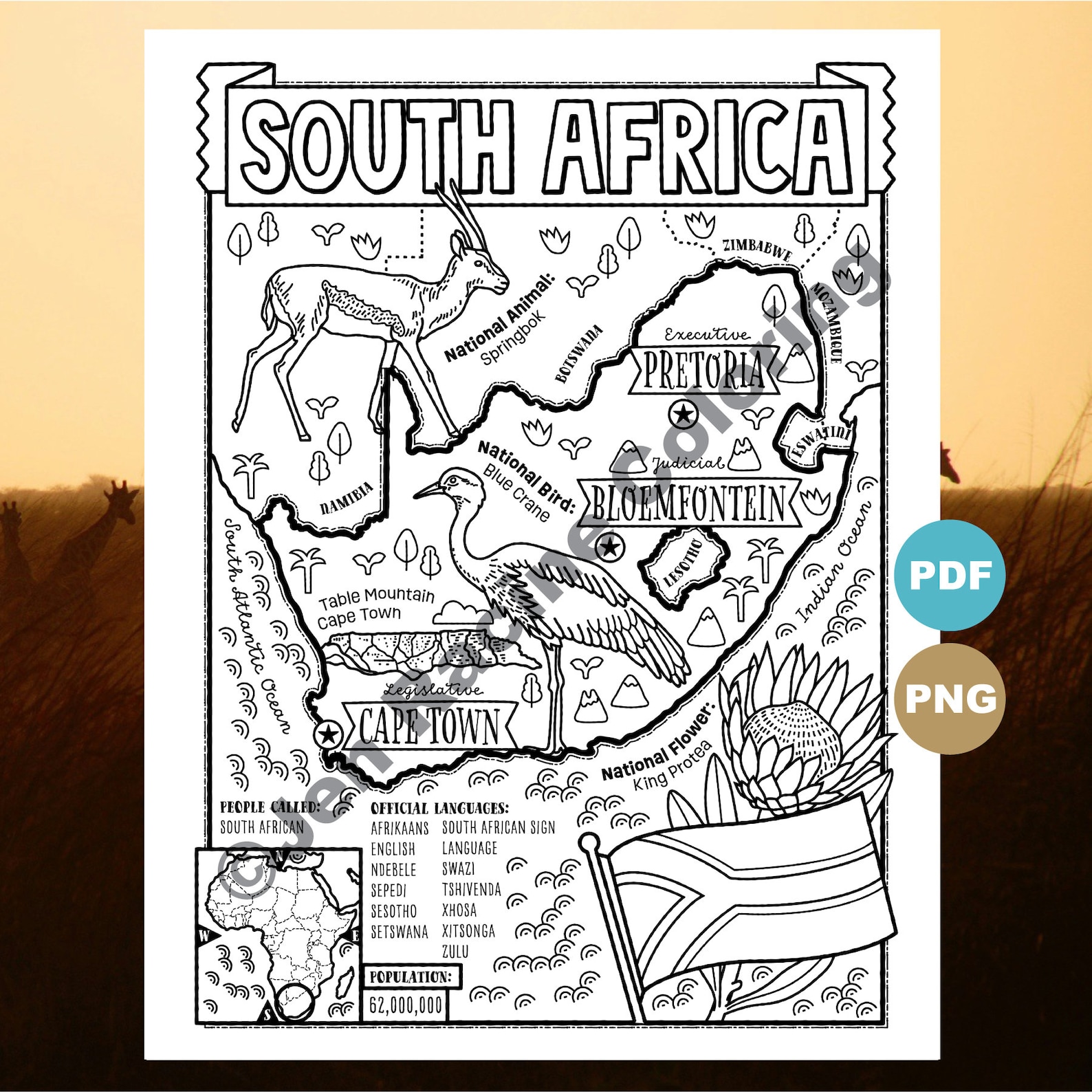 South Africa Coloring Page, Geography of Africa, Digital Download ...