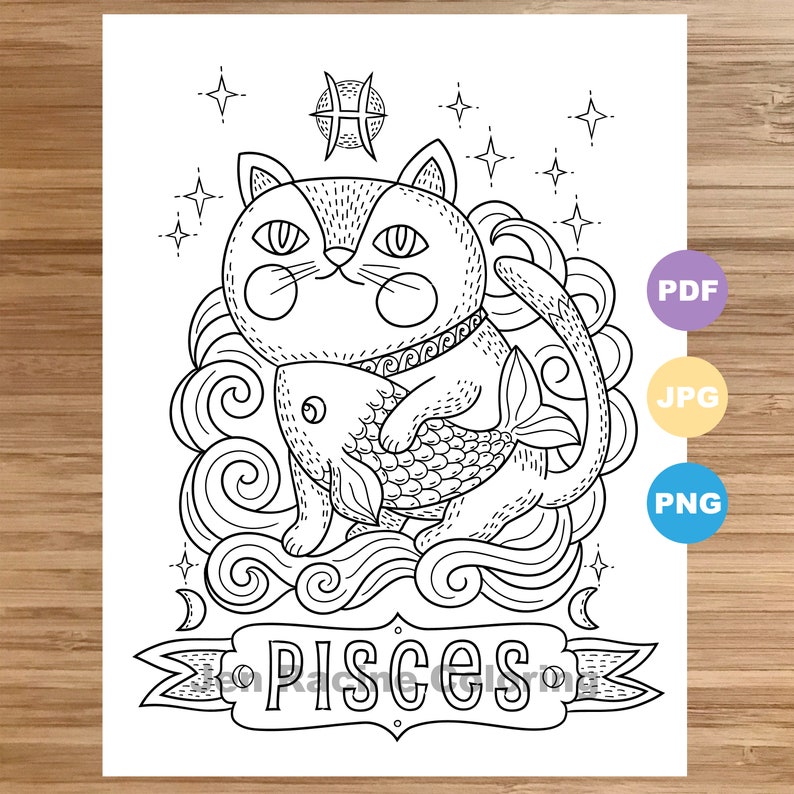 Pisces Cat Coloring Page, Zodiac Animal Art (printable) - Etsy