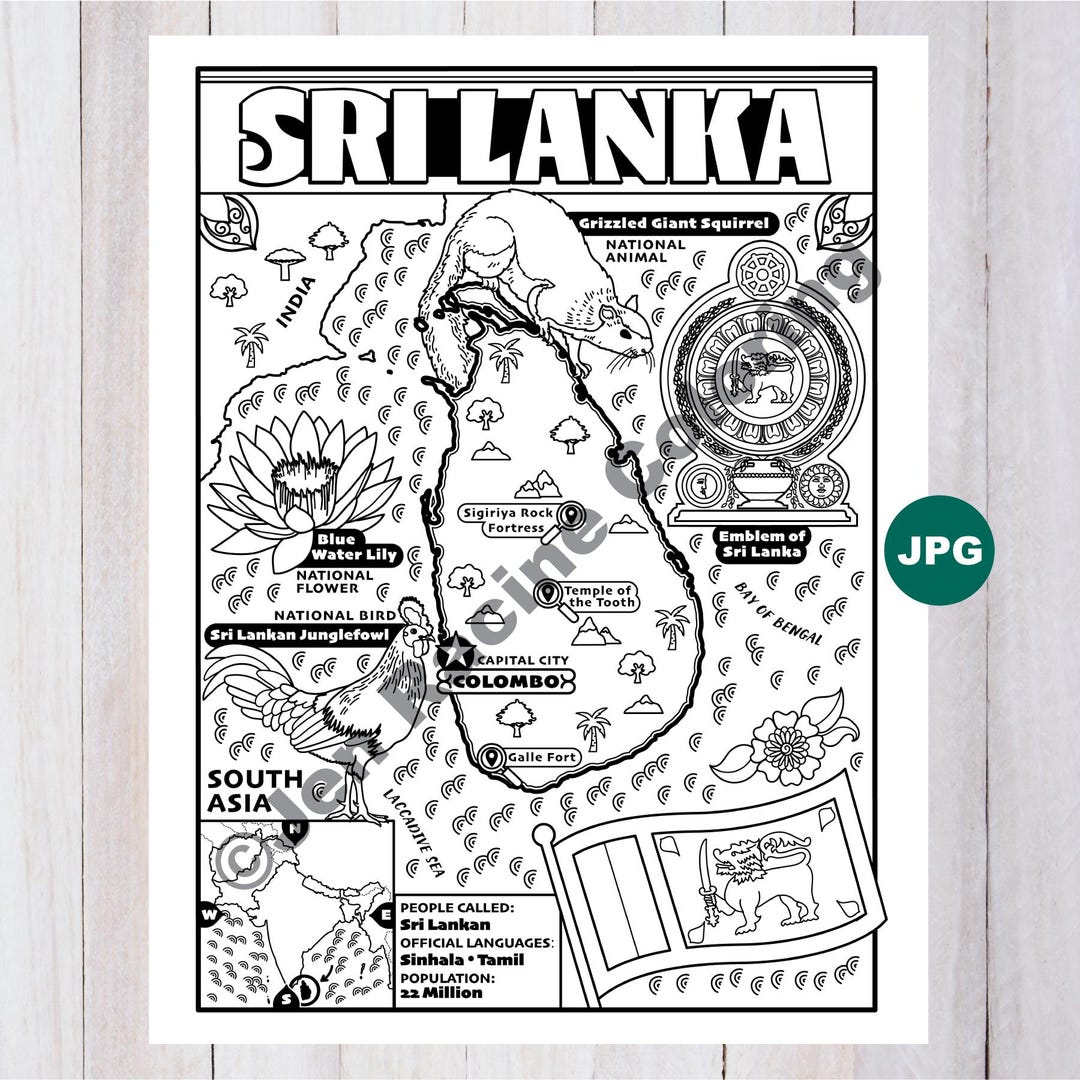 Sri Lanka Coloring Page, Geography of South Asia, Digital Download ...