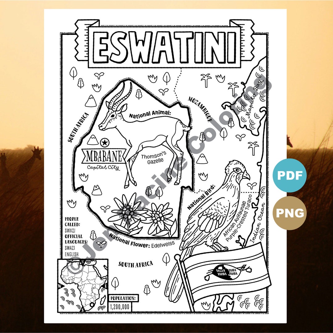 Eswatini Coloring Page, Geography of Africa, Digital Download Coloring ...