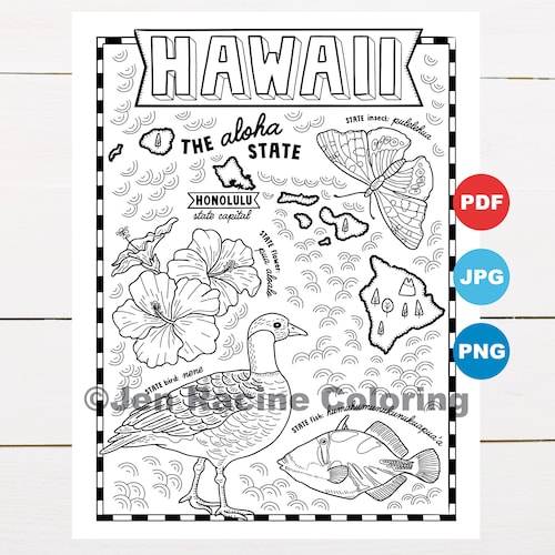 Hawaii Coloring Page United States State Map Wildlife - Etsy